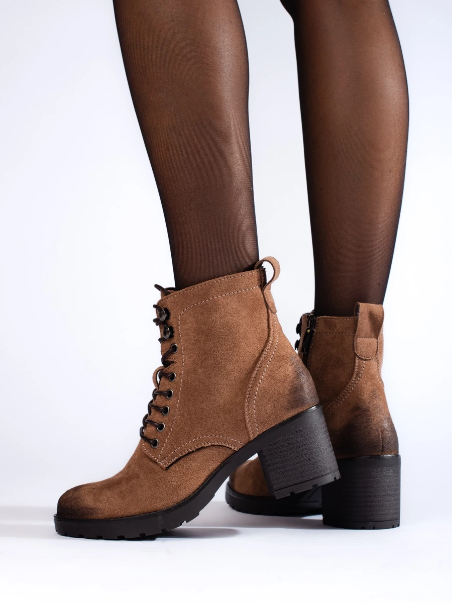 Sznurowane botki na obcasie damskie Potocki zamszowe brązowe - sklep ...