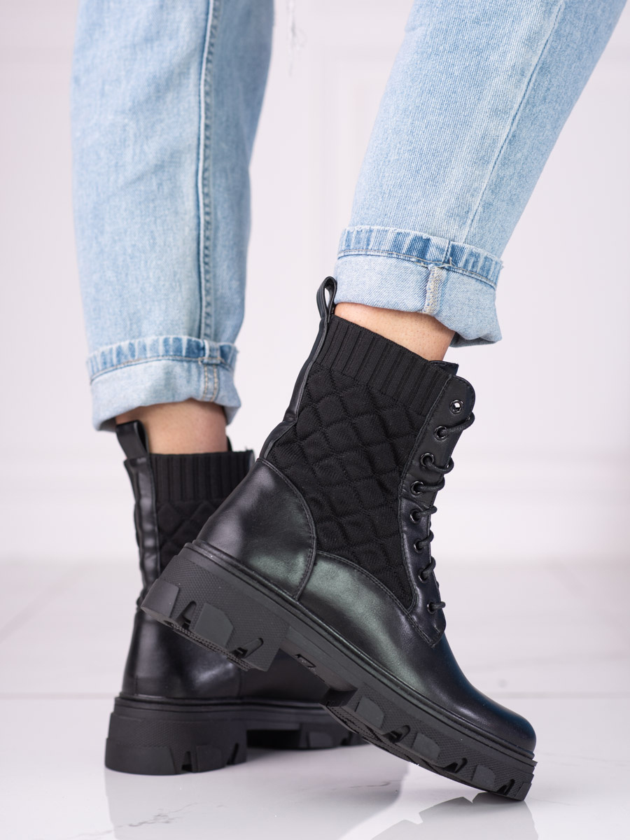 Sznurowane workery z pikowaniem damskie czarne - sklep Czasnabuty.pl